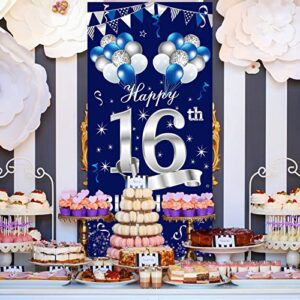 Blue Silver 16th Birthday Door Banner Decorations, Happy 16 Birthday Door Cover Sign Party Supplies for Boys, Sweet 16 Year Old Birthday Photo Booth Backdrop Decor