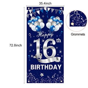 Blue Silver 16th Birthday Door Banner Decorations, Happy 16 Birthday Door Cover Sign Party Supplies for Boys, Sweet 16 Year Old Birthday Photo Booth Backdrop Decor