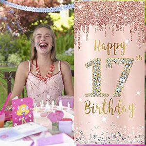 Happy 17th Birthday Door Banner Decorations for Girls, Pink Rose Gold 17 Birthday Door Cover Backdrop Party Supplies, Large Seventeen Year Old Birthday Poster Sign Decor