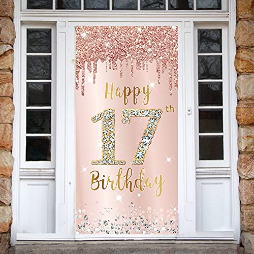 Happy 17th Birthday Door Banner Decorations for Girls, Pink Rose Gold 17 Birthday Door Cover Backdrop Party Supplies, Large Seventeen Year Old Birthday Poster Sign Decor