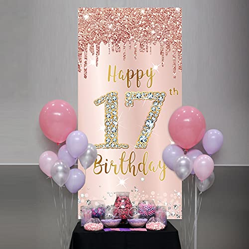 Happy 17th Birthday Door Banner Decorations for Girls, Pink Rose Gold 17 Birthday Door Cover Backdrop Party Supplies, Large Seventeen Year Old Birthday Poster Sign Decor