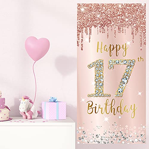 Happy 17th Birthday Door Banner Decorations for Girls, Pink Rose Gold 17 Birthday Door Cover Backdrop Party Supplies, Large Seventeen Year Old Birthday Poster Sign Decor