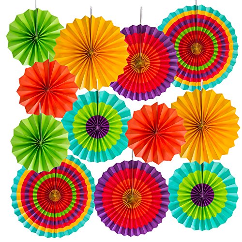 Super Z Outlet 12 Paper Fan Mexican Fiesta/Cinco De Mayo /Carnival/ Taco Tuesday Kids Party Hanging Decoration Supplies