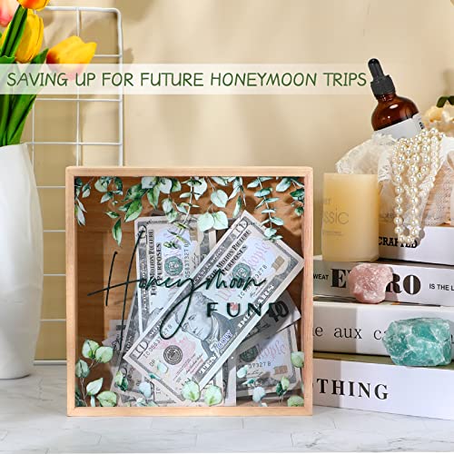 Unittype Honey Moon Fund Box Wedding Card Rustic Box Wooden Honeymoon Fund Box Fund and Card Wood Box Greenery Honeymoon Fund Shadow Box for Wedding Reception Party Bridal Shower Gift, 8 x 8 Inch