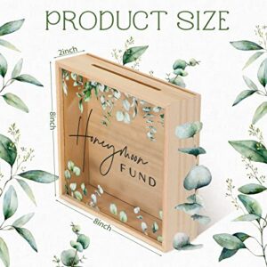 Unittype Honey Moon Fund Box Wedding Card Rustic Box Wooden Honeymoon Fund Box Fund and Card Wood Box Greenery Honeymoon Fund Shadow Box for Wedding Reception Party Bridal Shower Gift, 8 x 8 Inch