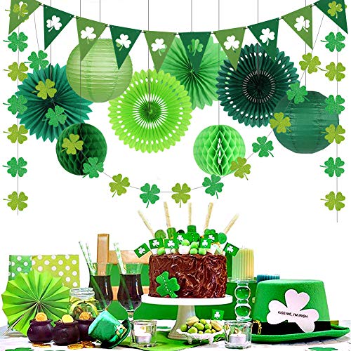 St Patricks Day Decorations, Green Party Supplies Four-Leaf Clover Garland Tissue Paper Fan Paper Lantern for Irish Party Saint Patricks Day Decor