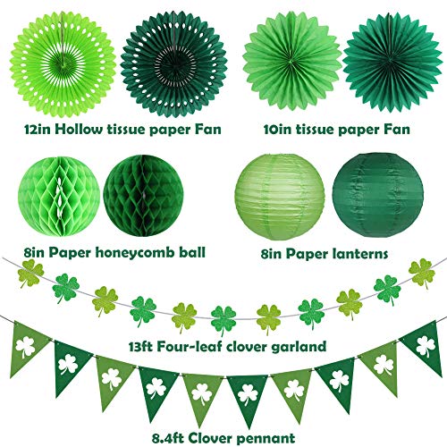 St Patricks Day Decorations, Green Party Supplies Four-Leaf Clover Garland Tissue Paper Fan Paper Lantern for Irish Party Saint Patricks Day Decor