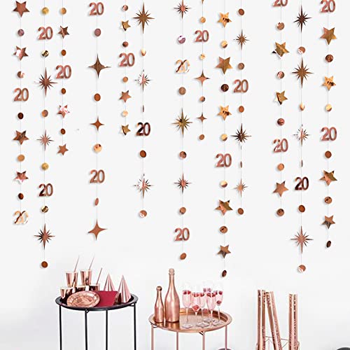 Rose Gold 20th Birthday Decorations Number 20 Circle Dot Star Garland Metallic Hanging Streamer Bunting Banner Backdrop for Women Mens Twenty Year Old Birthday Happy 20th Anniversary Party Supplies