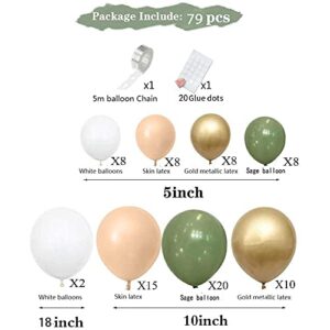 Sage Green Balloon Garland Arch Kit 79PCS Olive Green Peach White Gold Balloons for Forest Safari Jungle Tropical Theme Decorations Baby Bridal Shower Birthday Party