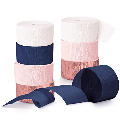 NICROLANDEE 8 Rolls Navy-Blue Pink Rose Gold Crepe Paper Streamers for Gender Reveal, Birthday, Wedding, Bridal Shower, Baby Shower, Bachelorette, Engagement Party Decorations, 4.5cm x 25m