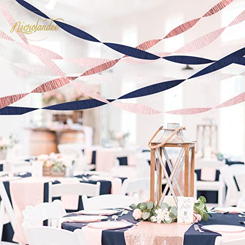 NICROLANDEE 8 Rolls Navy-Blue Pink Rose Gold Crepe Paper Streamers for Gender Reveal, Birthday, Wedding, Bridal Shower, Baby Shower, Bachelorette, Engagement Party Decorations, 4.5cm x 25m