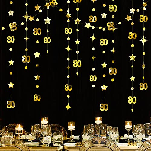 Gold 80th Birthday Decorations Number 80 Circle Dot Twinkle Star Garland Metallic Hanging Streamer Bunting Banner Backdrop 80 Year Old Birthday Eighty Party Supplies