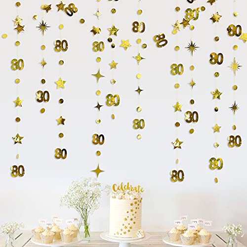 Gold 80th Birthday Decorations Number 80 Circle Dot Twinkle Star Garland Metallic Hanging Streamer Bunting Banner Backdrop 80 Year Old Birthday Eighty Party Supplies