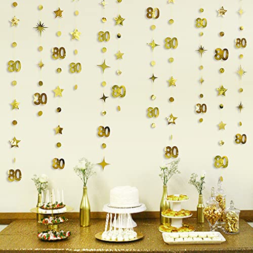 Gold 80th Birthday Decorations Number 80 Circle Dot Twinkle Star Garland Metallic Hanging Streamer Bunting Banner Backdrop 80 Year Old Birthday Eighty Party Supplies