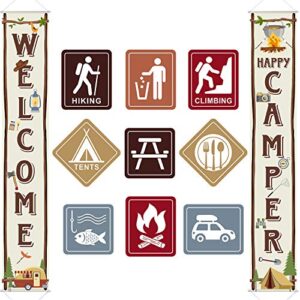 camping themed party decorations set, big size laminated camping sign cutouts, camping party banner welcome porch sign for camping themed birthday baby shower decorations