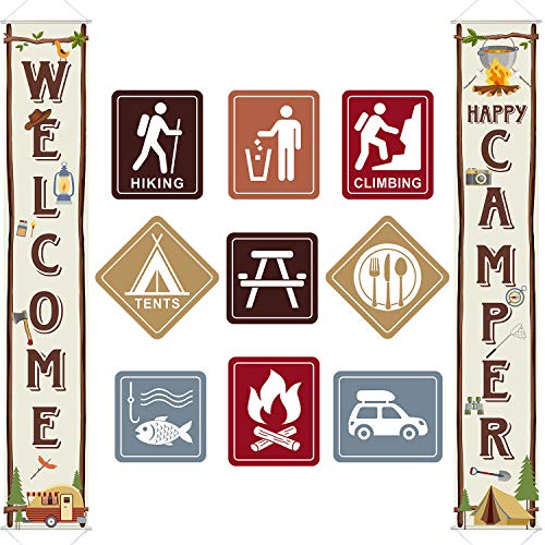 Camping Themed Party Decorations Set, Big Size Laminated Camping Sign Cutouts, Camping Party Banner Welcome Porch Sign for Camping Themed Birthday Baby Shower Decorations