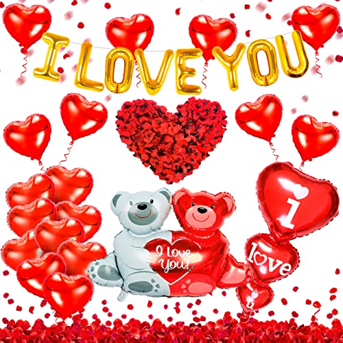 Valentines Day Balloons Decorations Kit - Teddy Bear Foil Balloons| 20Pcs Mylar Red Heart Shaped Balloons | I LOVE YOU Balloons & Red Balloons| 500Pcs Artificial Fake Rose Petals for Valentines Day