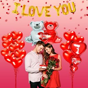 Valentines Day Balloons Decorations Kit - Teddy Bear Foil Balloons| 20Pcs Mylar Red Heart Shaped Balloons | I LOVE YOU Balloons & Red Balloons| 500Pcs Artificial Fake Rose Petals for Valentines Day