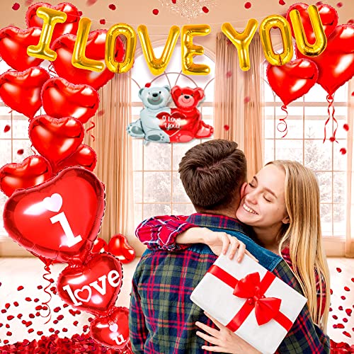 Valentines Day Balloons Decorations Kit - Teddy Bear Foil Balloons| 20Pcs Mylar Red Heart Shaped Balloons | I LOVE YOU Balloons & Red Balloons| 500Pcs Artificial Fake Rose Petals for Valentines Day