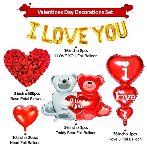 Valentines Day Balloons Decorations Kit - Teddy Bear Foil Balloons| 20Pcs Mylar Red Heart Shaped Balloons | I LOVE YOU Balloons & Red Balloons| 500Pcs Artificial Fake Rose Petals for Valentines Day