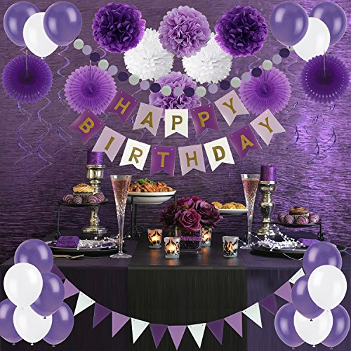 ZERODECO Birthday Decoration Set, Happy Birthday Banner Bunting with 4 Paper Fans Tissue 6 Paper Pom Poms Flower 10 Hanging Swirl and 20 Balloon for Birthday Party Decorations - Purple Lavender White