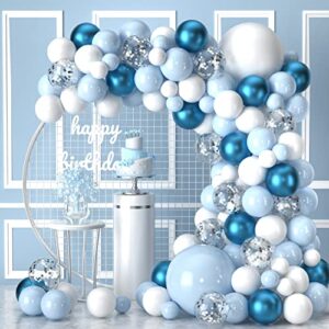 blue balloons garland arch kit, 136pcs metallic blue white silver confetti balloons baby blue balloon arch kit for boy baby shower birthday wedding frozen party decorations