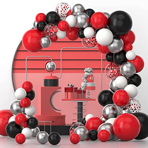 Red and Black Balloons Garland Arch Kit, 115Pcs 18 12 10 5 In Red Black White Metallic Silver Confetti Latex Balloons for Graduation Baby Shower Birthday Weddings With Silver Ribbon and Balloon Strip