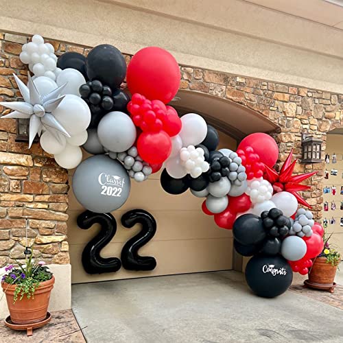 Red and Black Balloons Garland Arch Kit, 115Pcs 18 12 10 5 In Red Black White Metallic Silver Confetti Latex Balloons for Graduation Baby Shower Birthday Weddings With Silver Ribbon and Balloon Strip