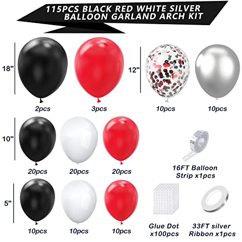 Red and Black Balloons Garland Arch Kit, 115Pcs 18 12 10 5 In Red Black White Metallic Silver Confetti Latex Balloons for Graduation Baby Shower Birthday Weddings With Silver Ribbon and Balloon Strip