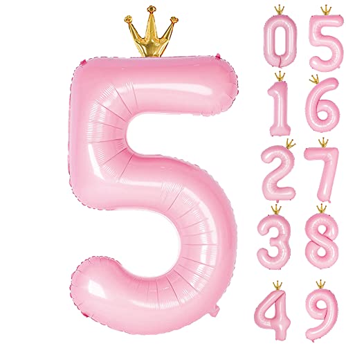 Gifloon Number 5 Balloon with Crown, Large number balloons 40 inch, 5th Birthday Party Decorations Supplies 5 Year Old Birthday Sign Decor, Pink