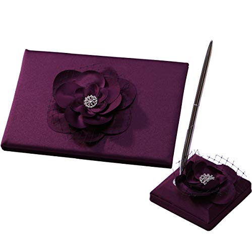 KateMelon Wedding Decoration, Fuchsia Flower Wedding Guest Book and Pen Set