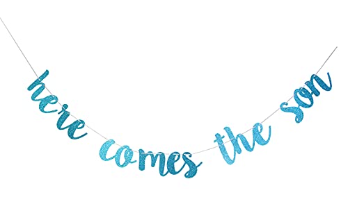 Here Comes the Son Gifts Banner- Boy Blue Glittery Welcome Little Man Baby Boy Shower Party Decor,Gender Reveal Party,Happy 1st Birthday Themes Party Supplies