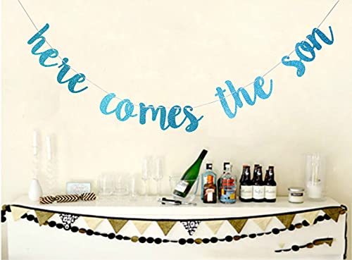 Here Comes the Son Gifts Banner- Boy Blue Glittery Welcome Little Man Baby Boy Shower Party Decor,Gender Reveal Party,Happy 1st Birthday Themes Party Supplies