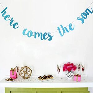 Here Comes the Son Gifts Banner- Boy Blue Glittery Welcome Little Man Baby Boy Shower Party Decor,Gender Reveal Party,Happy 1st Birthday Themes Party Supplies