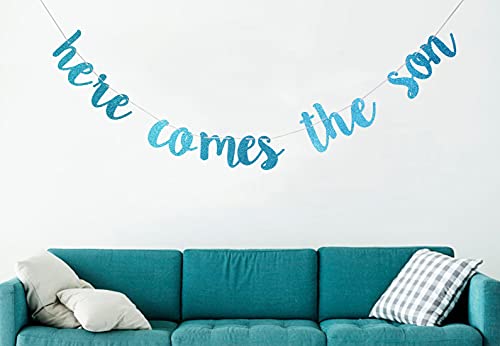 Here Comes the Son Gifts Banner- Boy Blue Glittery Welcome Little Man Baby Boy Shower Party Decor,Gender Reveal Party,Happy 1st Birthday Themes Party Supplies