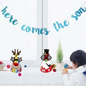 Here Comes the Son Gifts Banner- Boy Blue Glittery Welcome Little Man Baby Boy Shower Party Decor,Gender Reveal Party,Happy 1st Birthday Themes Party Supplies