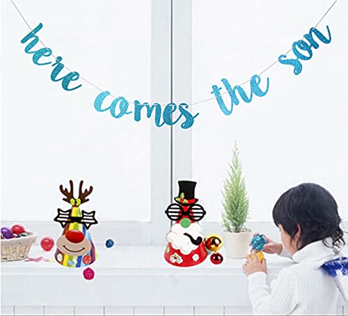 Here Comes the Son Gifts Banner- Boy Blue Glittery Welcome Little Man Baby Boy Shower Party Decor,Gender Reveal Party,Happy 1st Birthday Themes Party Supplies