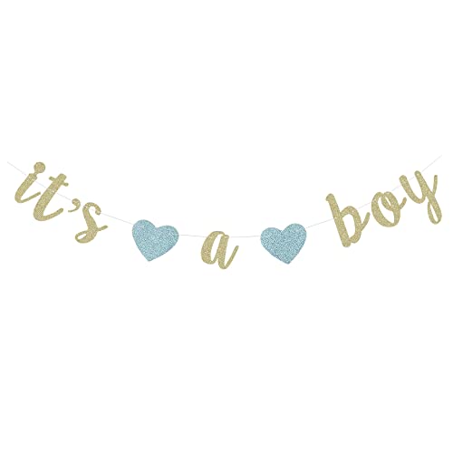 Glitter It's a Boy Banner for Baby Shower Gender Reveal Party Decoration Baby Boy 1st 6 Months Birthday with Blue Heart - Gold