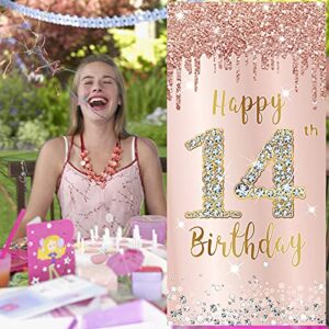 14th Birthday Door Banner Decorations for Girls, Pink Rose Gold Happy 14th Birthday Door Cover Backdrop Party Supplies, Large 14 Year Old Birthday Poster Sign Decor