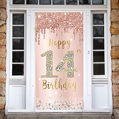 14th Birthday Door Banner Decorations for Girls, Pink Rose Gold Happy 14th Birthday Door Cover Backdrop Party Supplies, Large 14 Year Old Birthday Poster Sign Decor