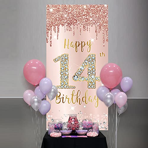 14th Birthday Door Banner Decorations for Girls, Pink Rose Gold Happy 14th Birthday Door Cover Backdrop Party Supplies, Large 14 Year Old Birthday Poster Sign Decor