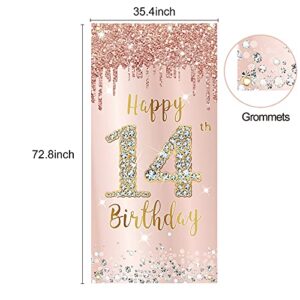 14th Birthday Door Banner Decorations for Girls, Pink Rose Gold Happy 14th Birthday Door Cover Backdrop Party Supplies, Large 14 Year Old Birthday Poster Sign Decor