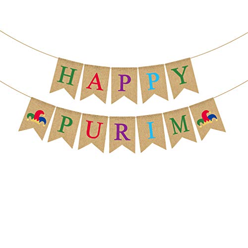 Rainlemon Burlap Happy Purim Banner Rustic Jewish Carnival Holiday Mantle Fireplace Decoration