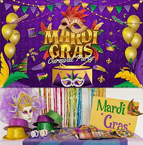 JKQ Mardi Gras Backdrop Banner 73 x 43 Inch Large Size Carnival Masquerade Background Banner Mardi Gras Party Decorations March New Orleans Fat Tuesday Masquerade Indoor Outdoor Photo Booth Props