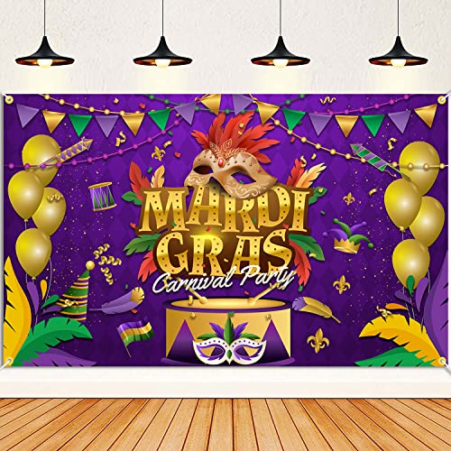 JKQ Mardi Gras Backdrop Banner 73 x 43 Inch Large Size Carnival Masquerade Background Banner Mardi Gras Party Decorations March New Orleans Fat Tuesday Masquerade Indoor Outdoor Photo Booth Props