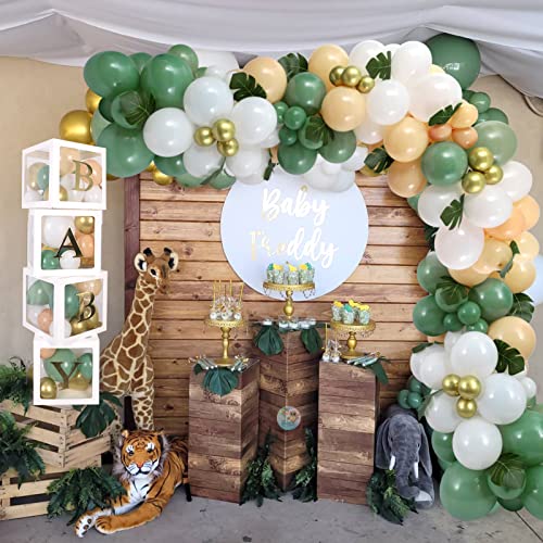 Golray 108pcs Baby Shower Boxes Decorations with Sage Green Balloon Garland Arch - 4 BABY Box Block and 30 Gold Letter, Leaf, Baby Boy Girl Gender Reveal 1st Birthday Safari Wild Party Decor Backdrop