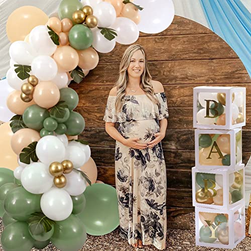 Golray 108pcs Baby Shower Boxes Decorations with Sage Green Balloon Garland Arch - 4 BABY Box Block and 30 Gold Letter, Leaf, Baby Boy Girl Gender Reveal 1st Birthday Safari Wild Party Decor Backdrop