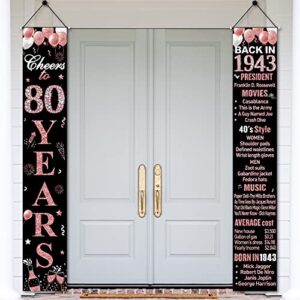 80th birthday door banner decorations for women, rose gold cheers to 80 years back in 1943 banner porch sign party supplies, happy eighty birthday door sign decor for indoor outdoor