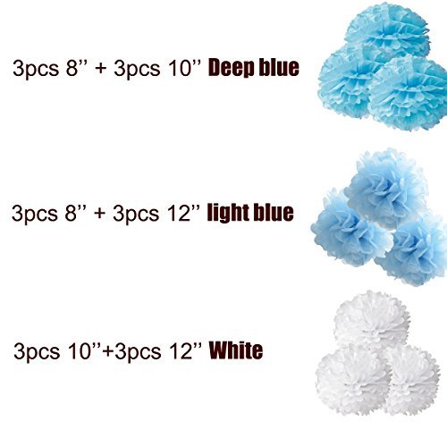 18pcs Tissue Hanging Paper Pom-poms, Hmxpls Flower Ball Wedding Party Outdoor Decoration Premium Tissue Paper Pom Pom Flowers Craft Kit (Blue & White), 8"/ 10"/ 12"