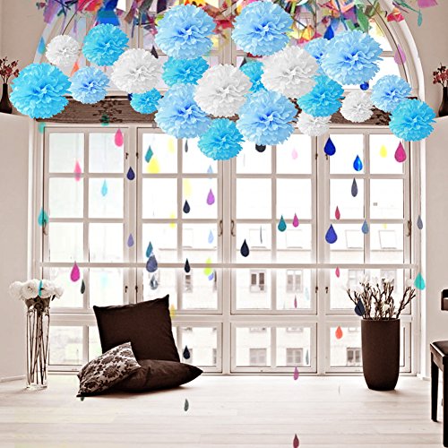 18pcs Tissue Hanging Paper Pom-poms, Hmxpls Flower Ball Wedding Party Outdoor Decoration Premium Tissue Paper Pom Pom Flowers Craft Kit (Blue & White), 8"/ 10"/ 12"